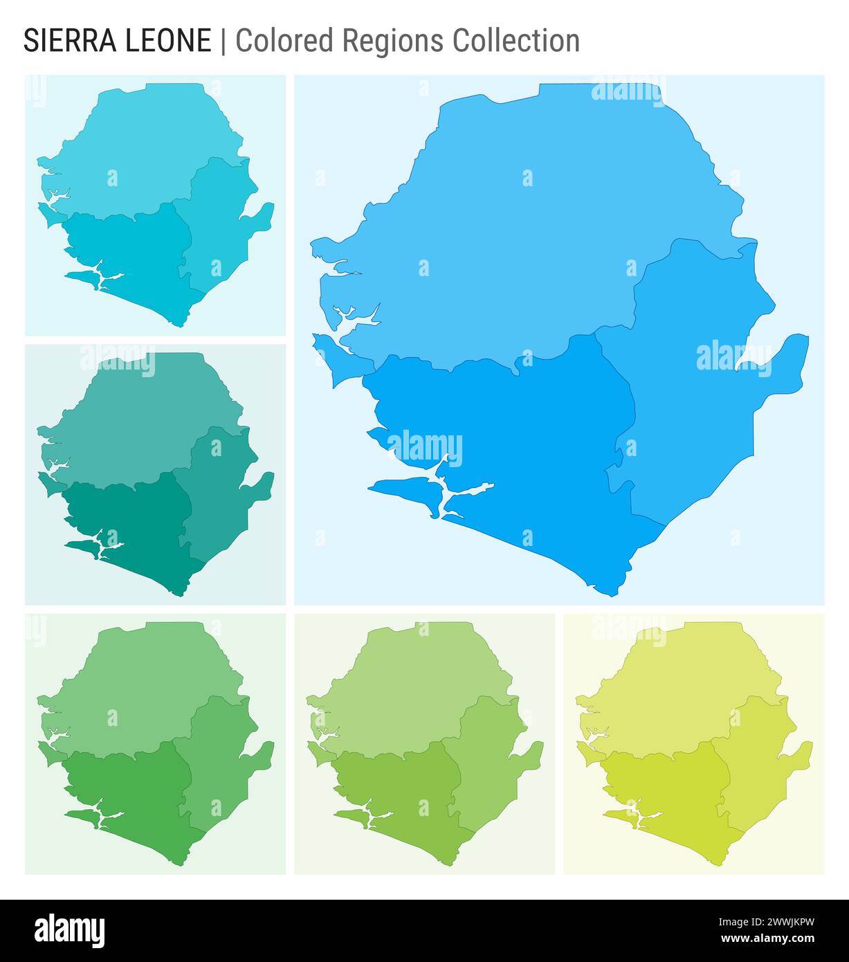Sierra Leone map collection. Country shape with colored regions. Light ...