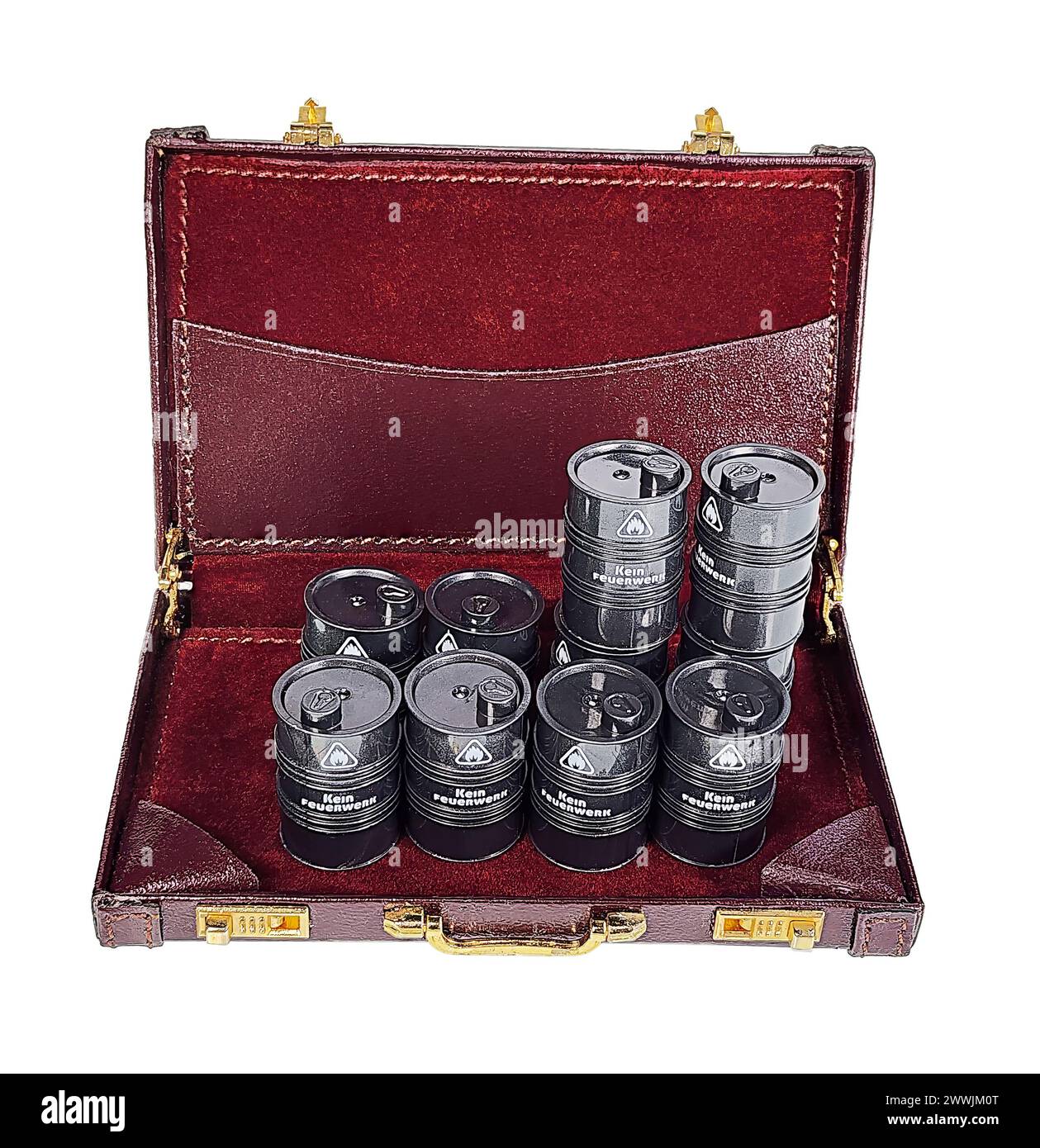 Black steel drums of caustic materials in an open briefcase Stock Photo ...