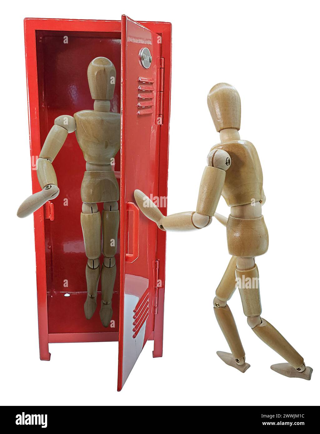 Someone pushing a student into Red school locker Stock Photo - Alamy