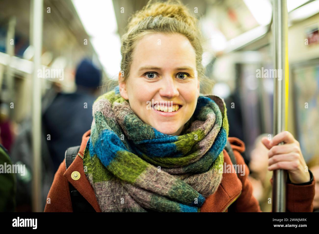 Female subway commuter New York City, Manhattan, USA. Young adult ...