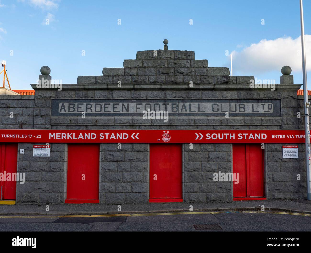 Granite facade of the Merkland Road entrance to the Pittodrie Stadium ...
