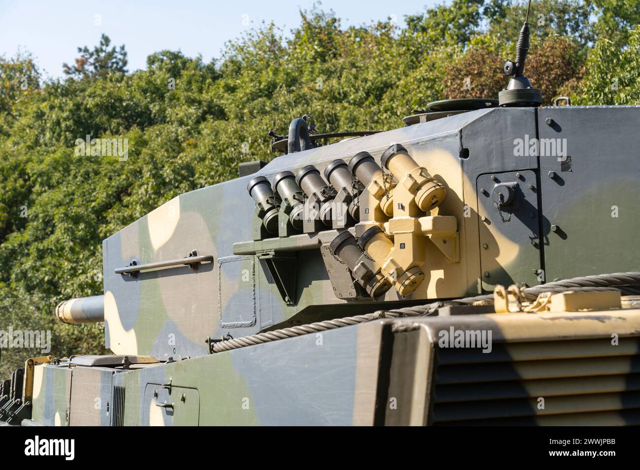 Modern German Leopard 2A4 tank camouflaged turret equipped with fog ...