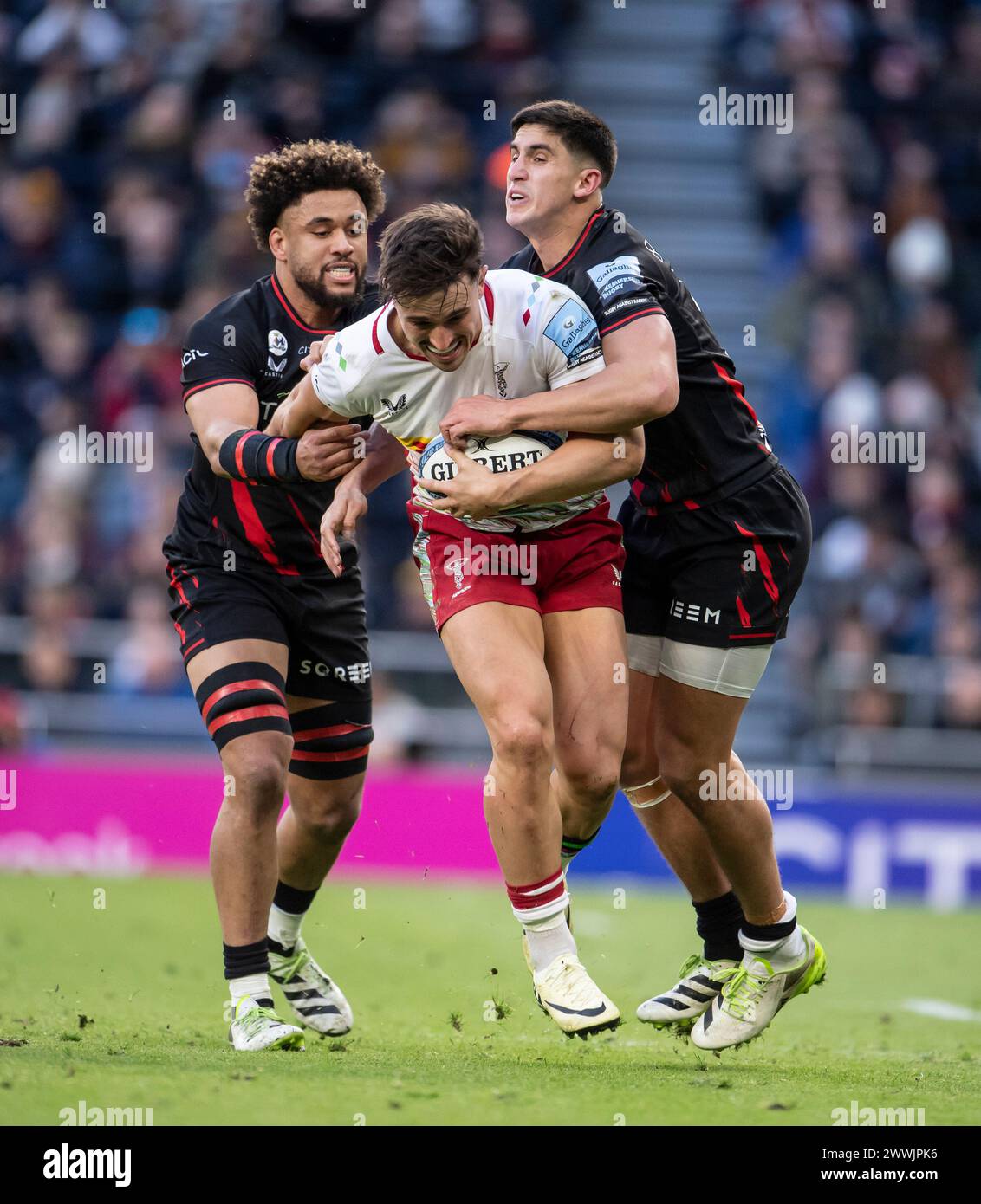 London UK.on the 23rd March 2024. Saracens Andy Christy and Lucio Cinti ...