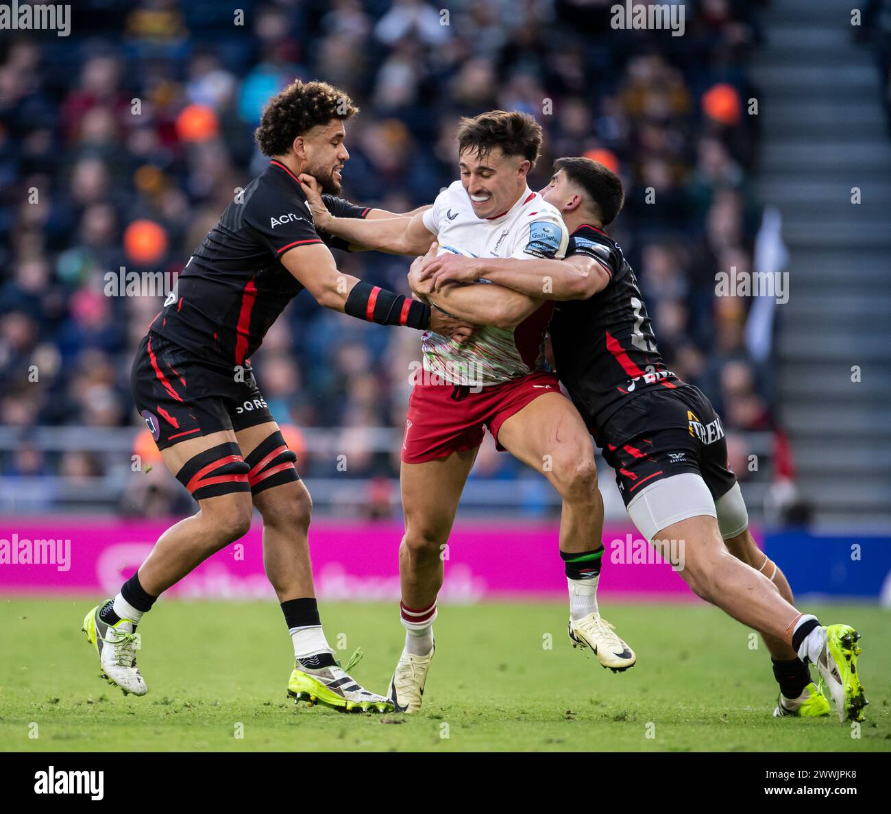 London UK.on the 23rd March 2024. Saracens Andy Christy and Lucio Cinti ...