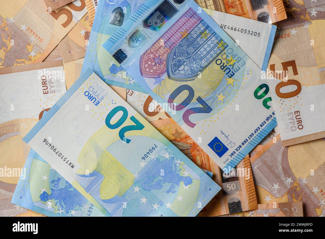 pile of paper euro banknotes as part of the united country's payment ...