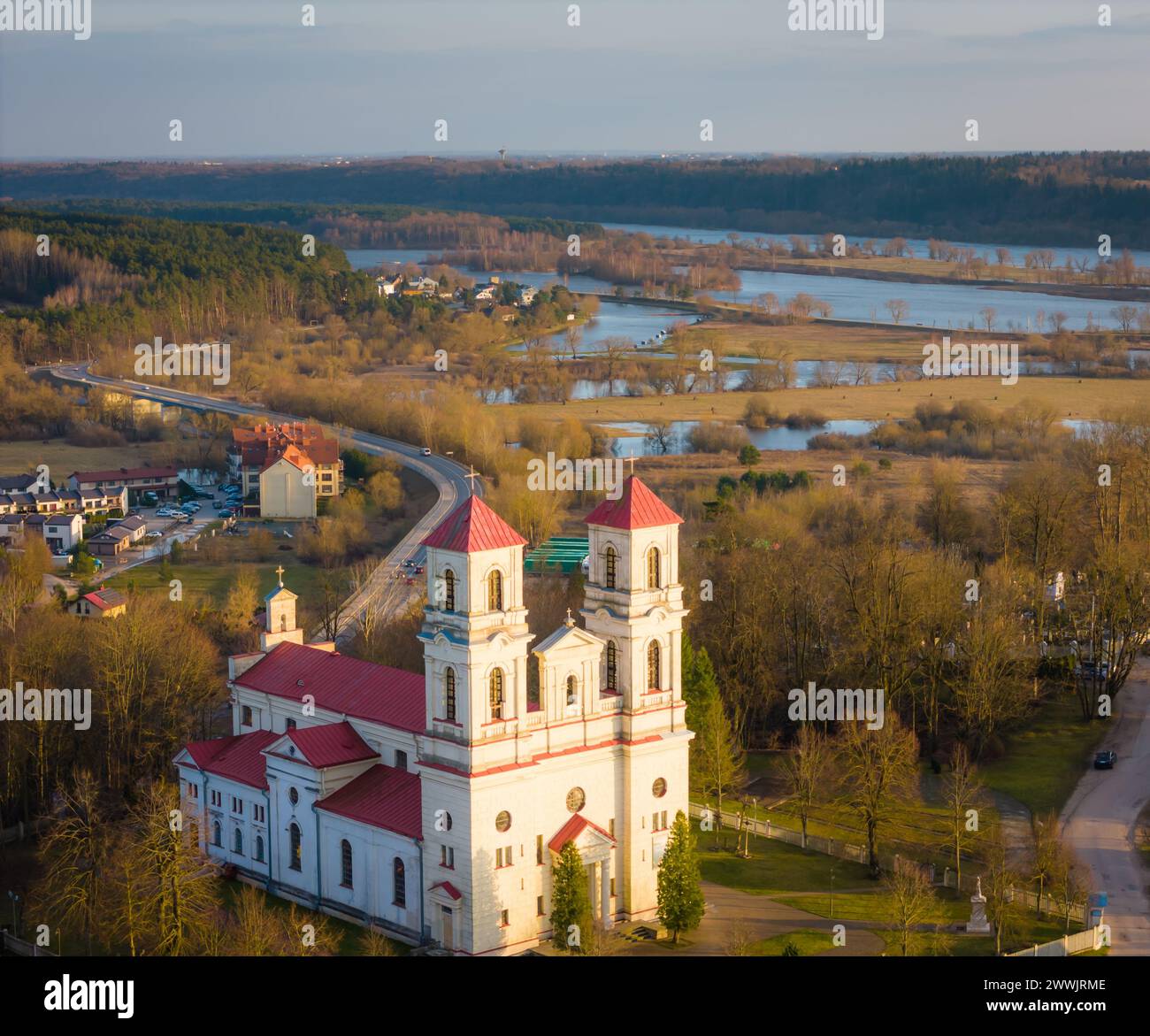Raudondvaris town, Kaunas district. Aerial drone view of St. Theresa of ...