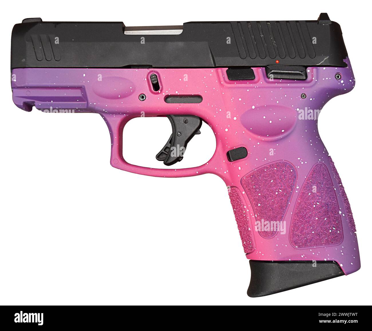 Purple metal gun with textured grip viewed from left Stock Photo - Alamy