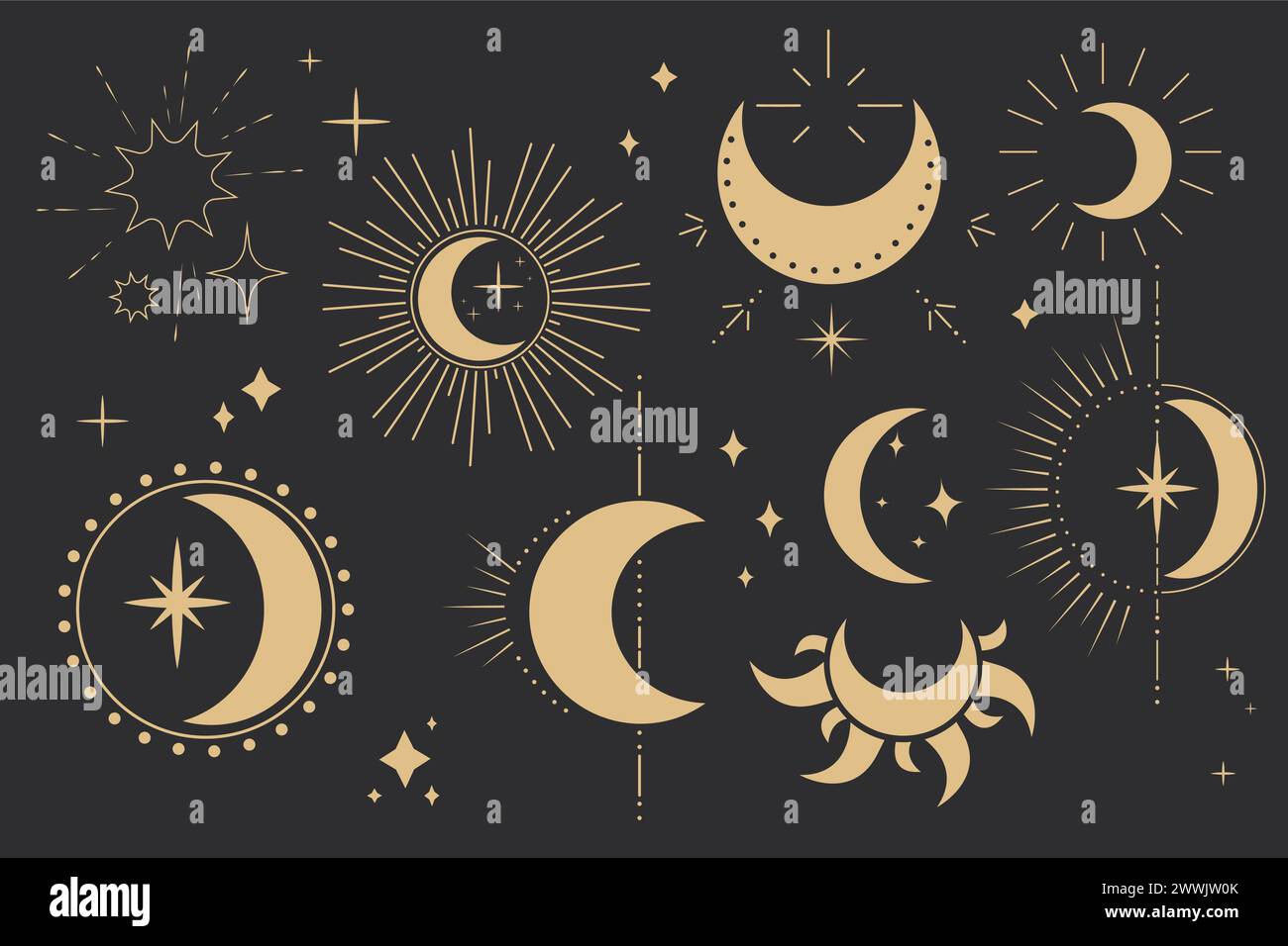 Set gold mystic moon celestial astrology magic element with rays, stars ...