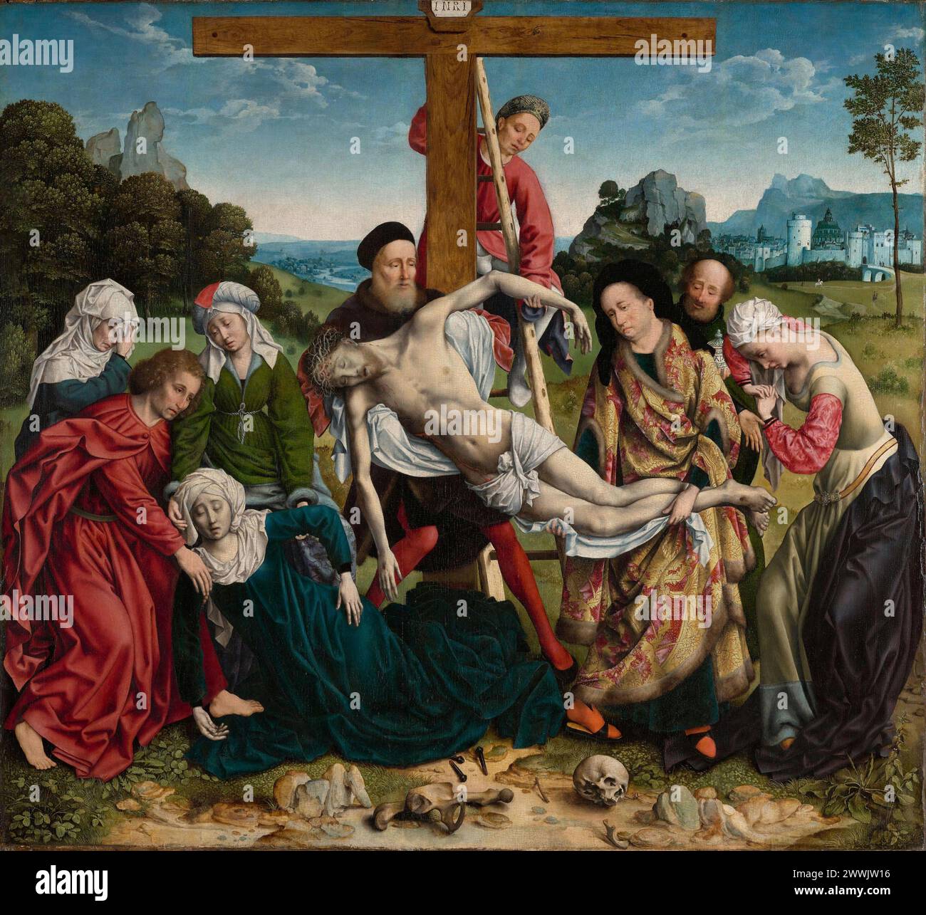 Descent from the Cross, Rogier van der Weyden's figures (Prado), given a landscape background ...