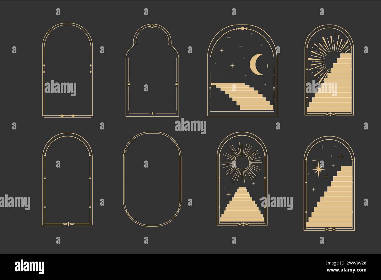 Set celestial arch window line frame, mystic with stairs, astrology symbols moon and sun, line ...