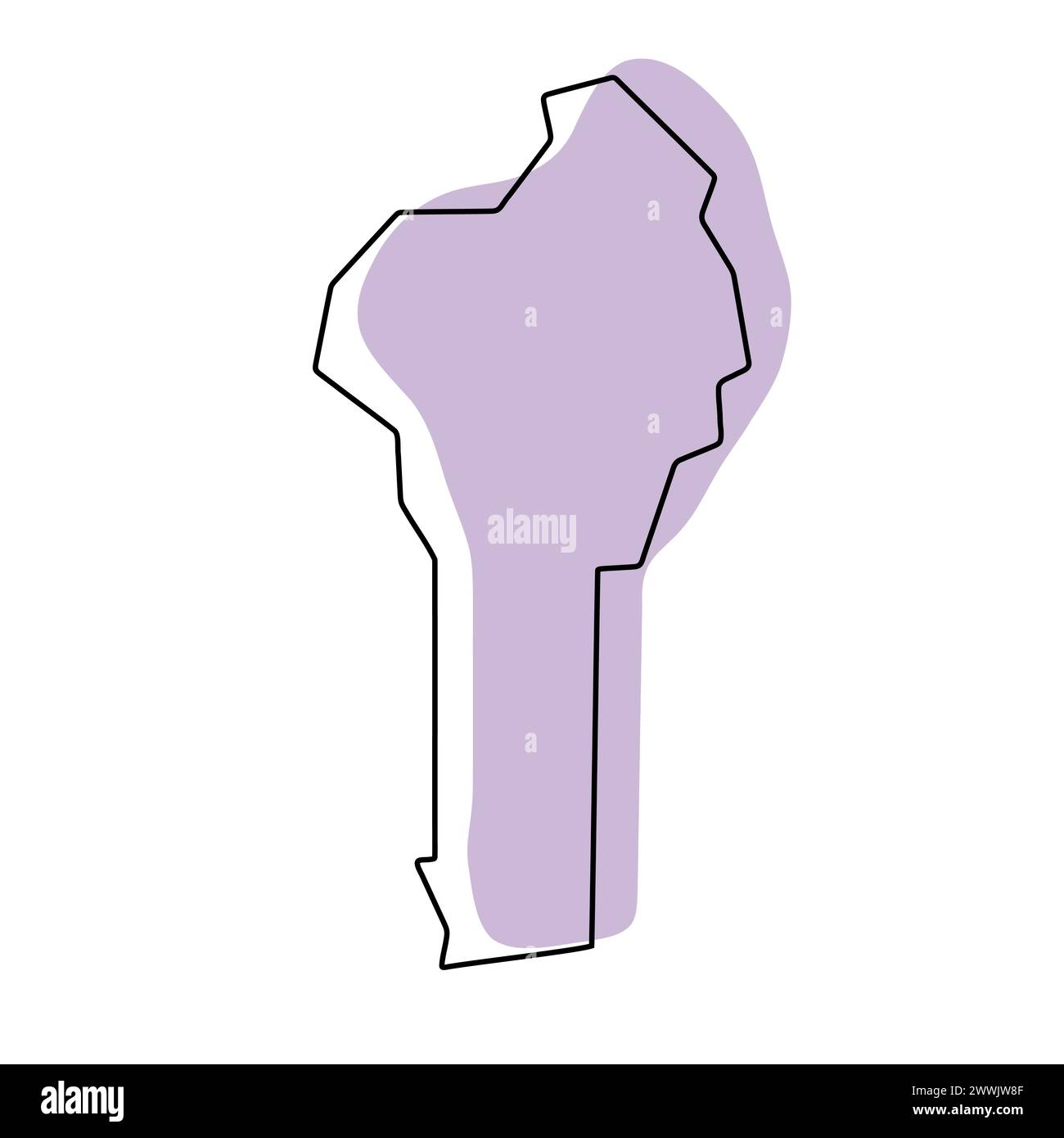 Benin country simplified map. Violet silhouette with thin black smooth contour outline isolated ...