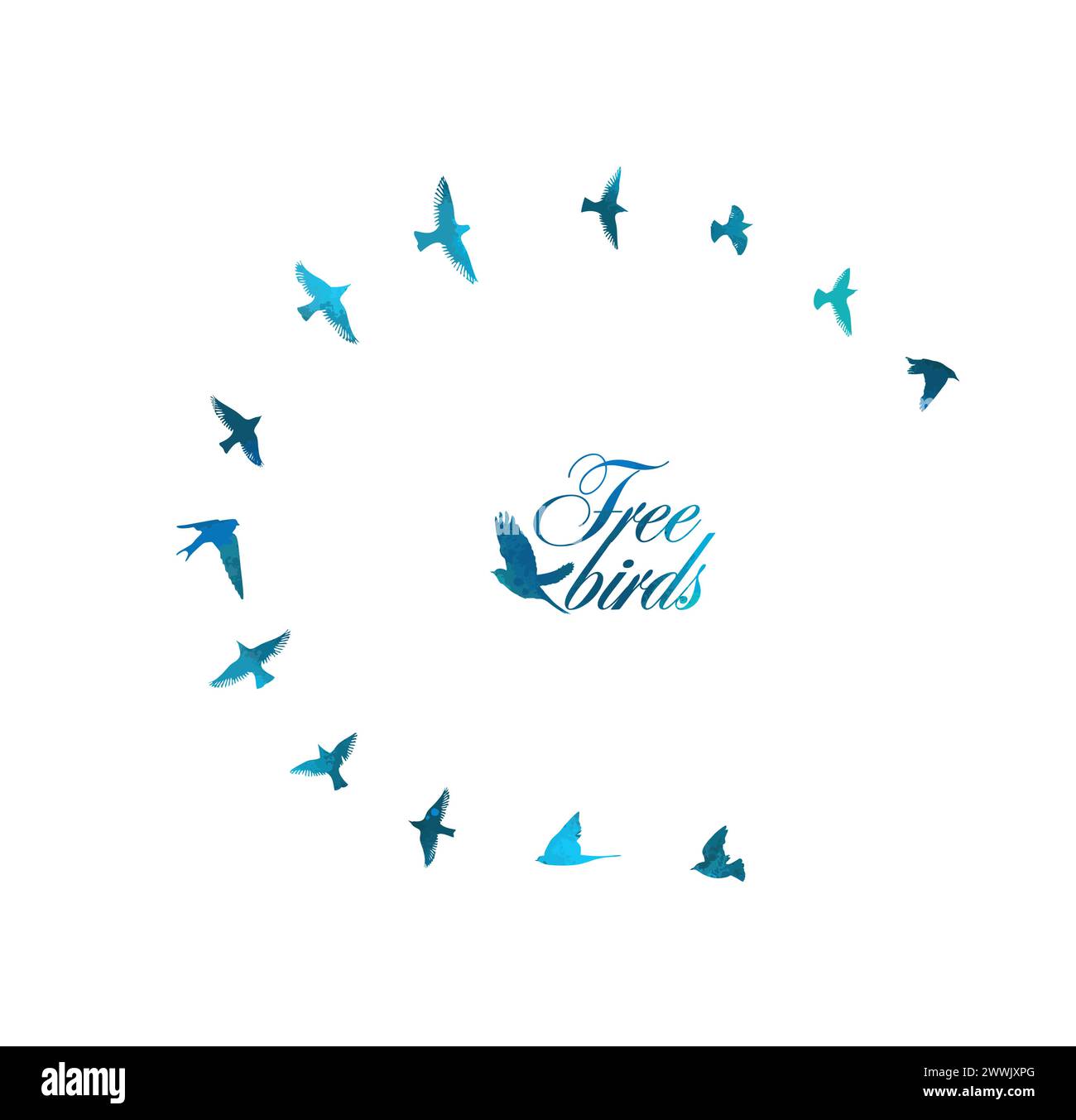 A flock of blue watercolor flying birds. hand drawing. Round frame. Not ...