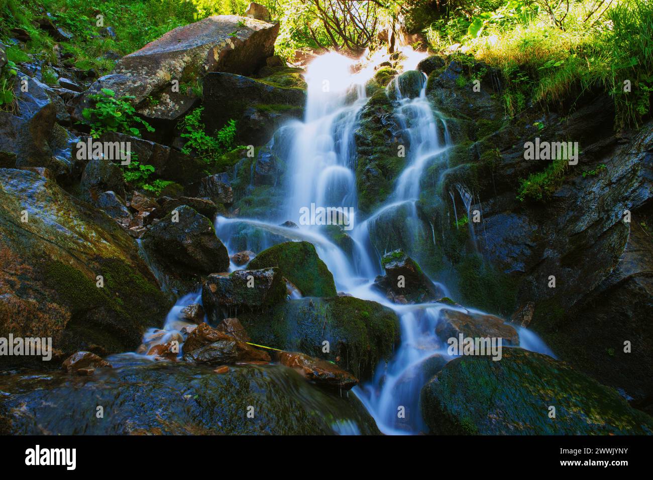 Mountain stream with waterfalls in summer, Long exposure a Summer ...
