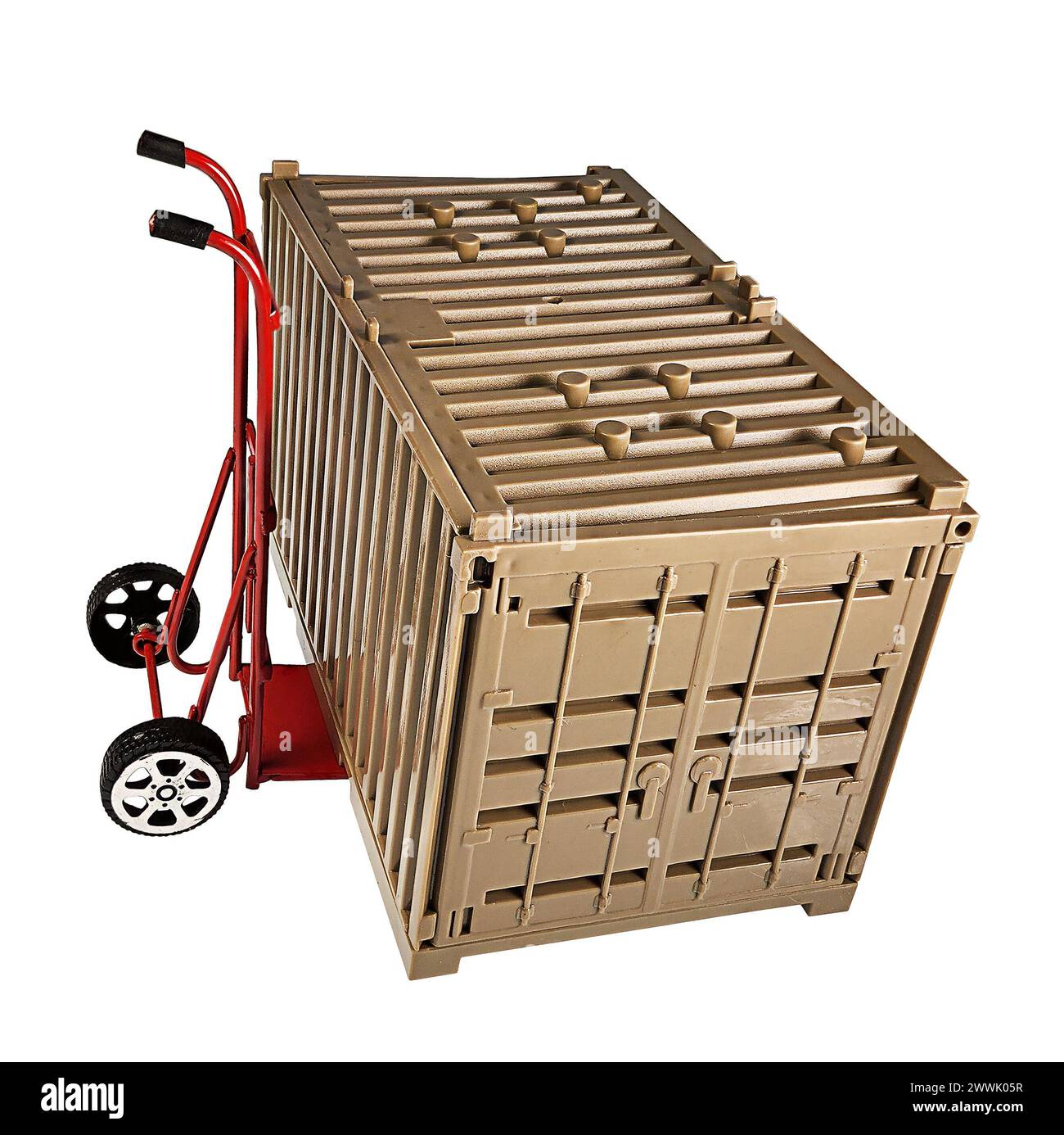 A red handtruck trying to move shipping container Stock Photo - Alamy
