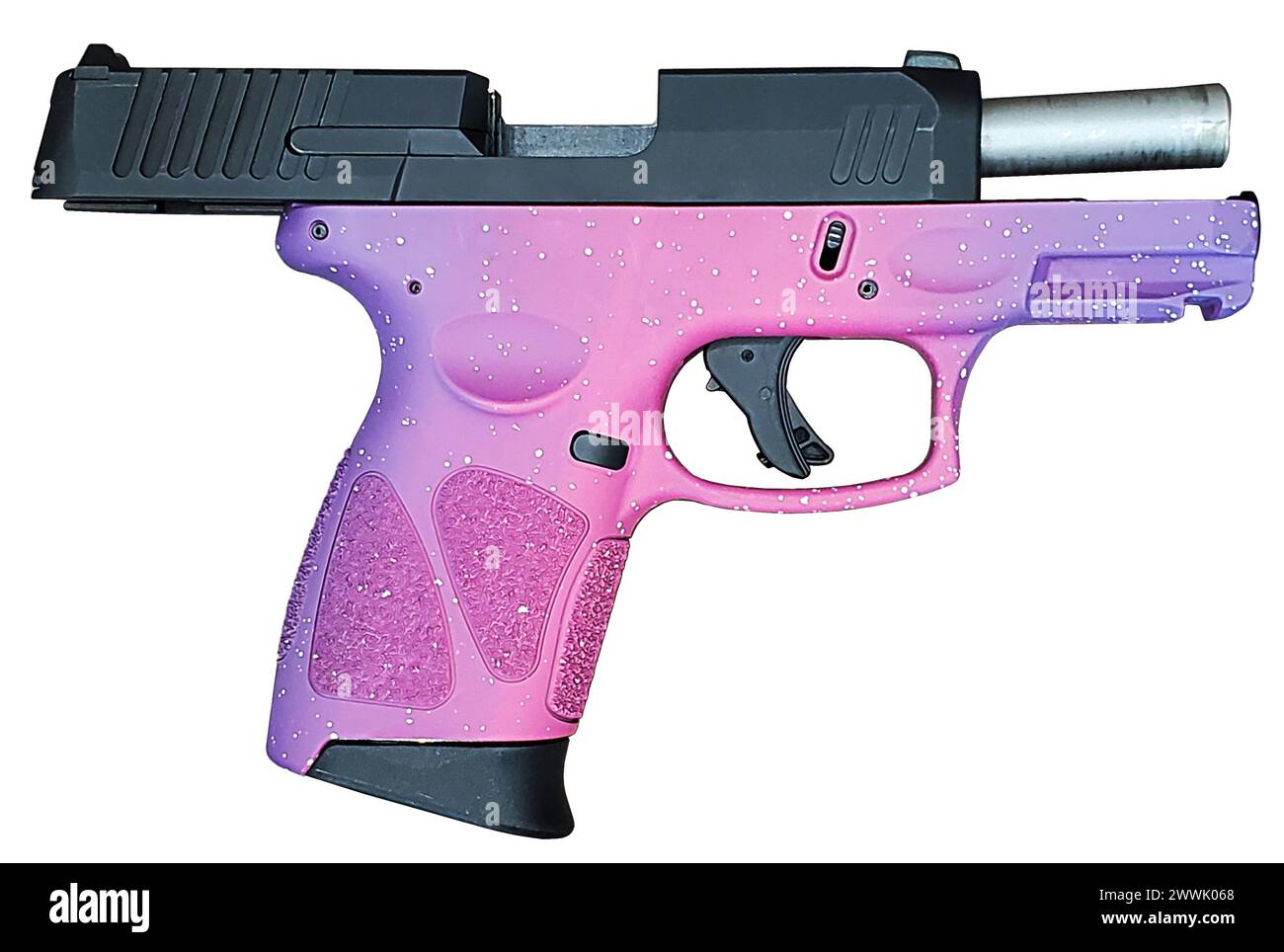 Purple metal gun with textured grip with slide pulled back on right ...