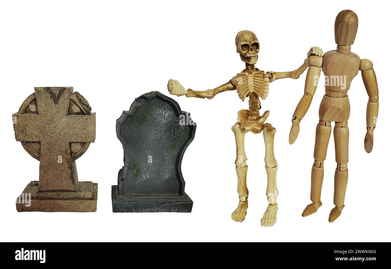 Skeleton leading person to Gravestone to mark the burial of a person ...