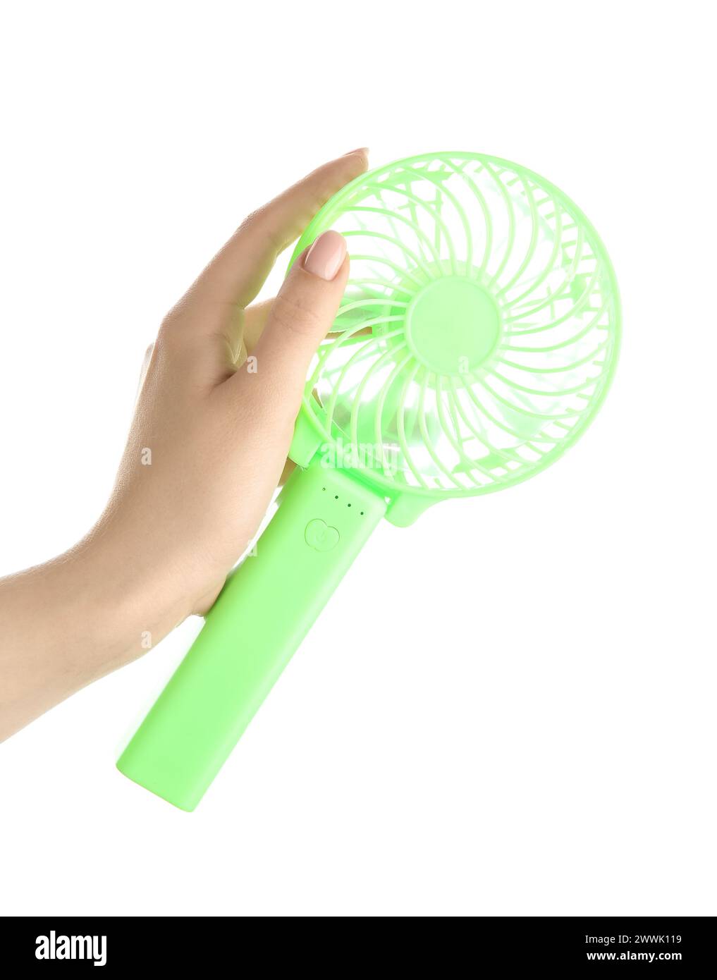 Female hand with mini green electric fan on white background Stock ...