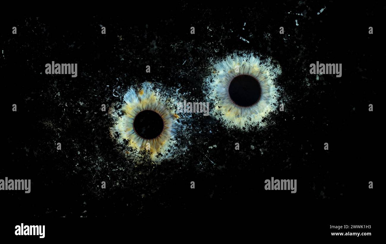 Description: Galaxy explosion effect of human eyes colliding on black ...