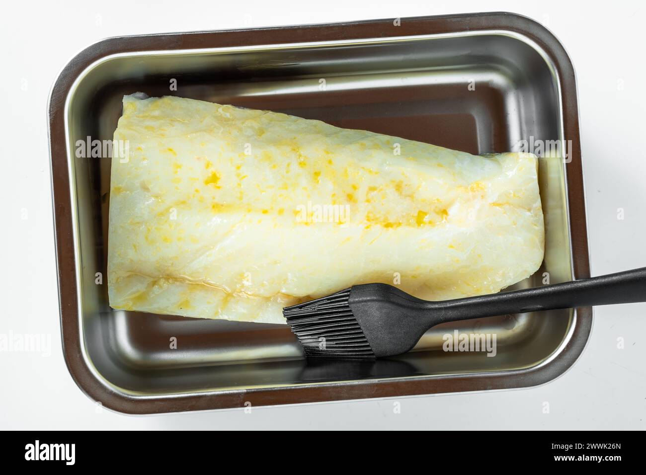 step-by-step cod fish cooking on a white background Stock Photo - Alamy