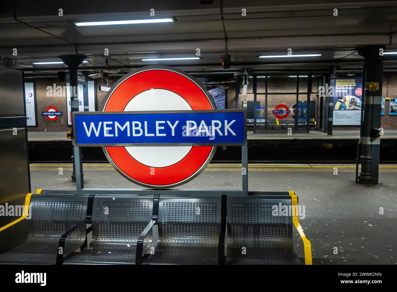 WEMBLEY, LONDON - 24 March 2024: Wembley Park Roundel at Wembley Park ...