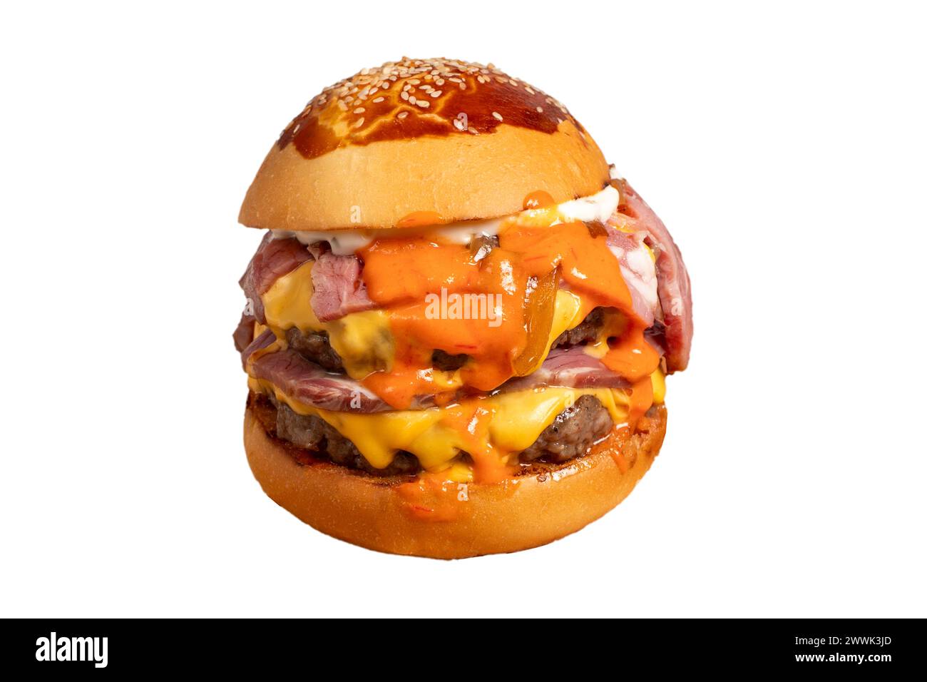 Double Hamburger isolated on white background. With Cheddar cheese ...