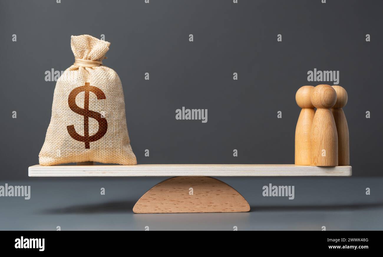 People and dollar money bag on scales. Decent wages. Hired force ...