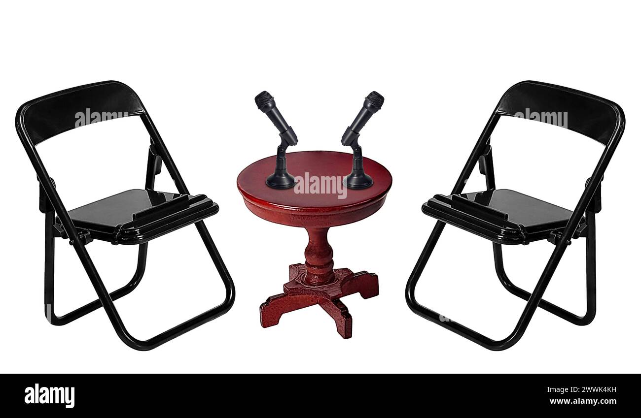 Simple Podcast interview with microphone table and folding chairs Stock ...