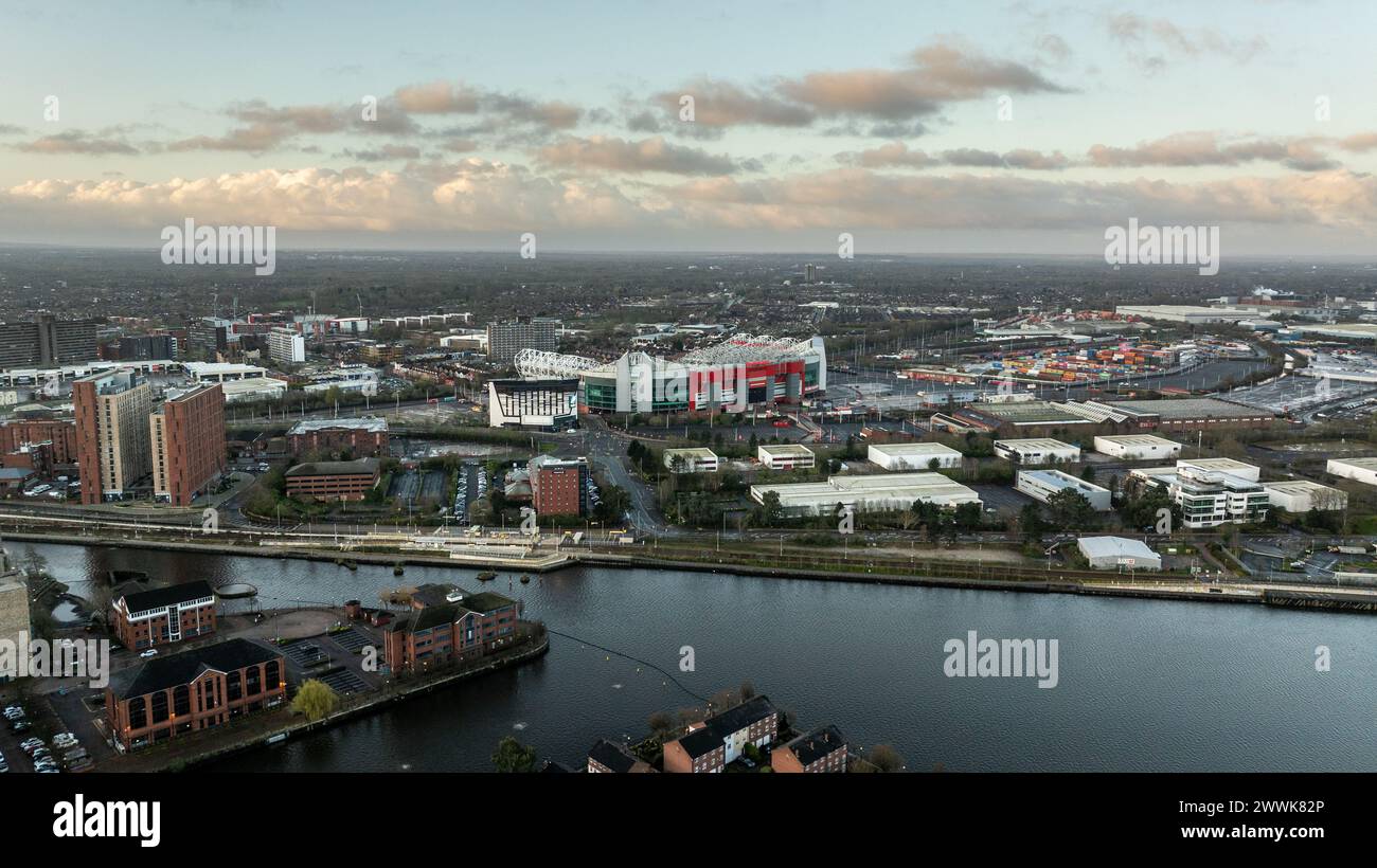 Sunrise over Old Trafford soccer football stadium of Manchester United ...
