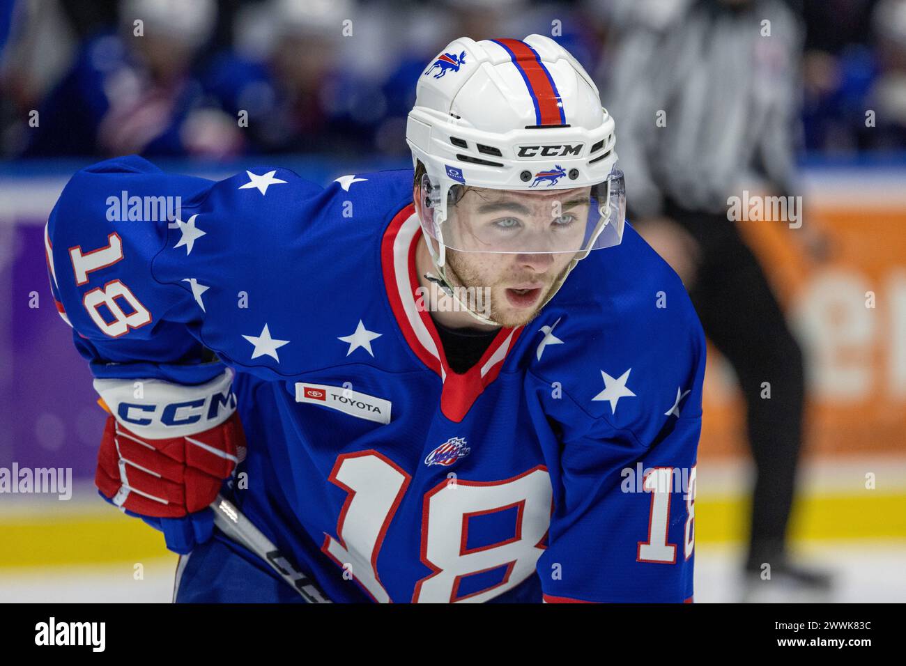 March 24th, 2024: Rochester Americans forward Isak Rosen (18) skates in ...