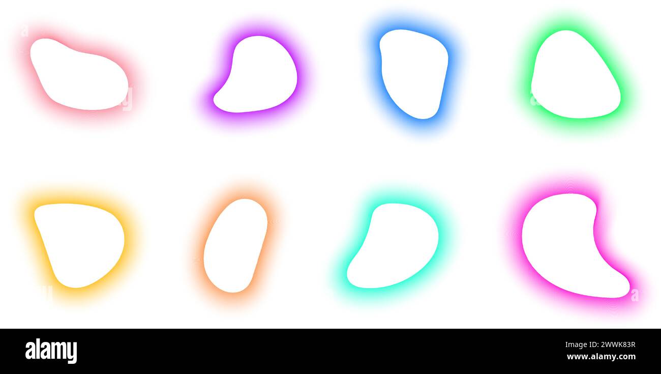 Set of blurry irregular shapes. Colorful organic blobs with neon gradient borders isolated on ...