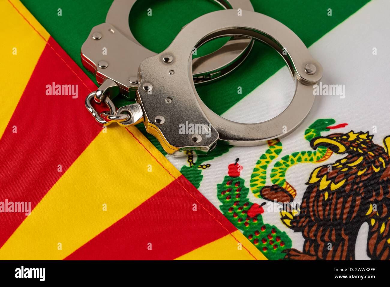 Arizona and Mexico flags with handcuffs. Border security, immigration ...