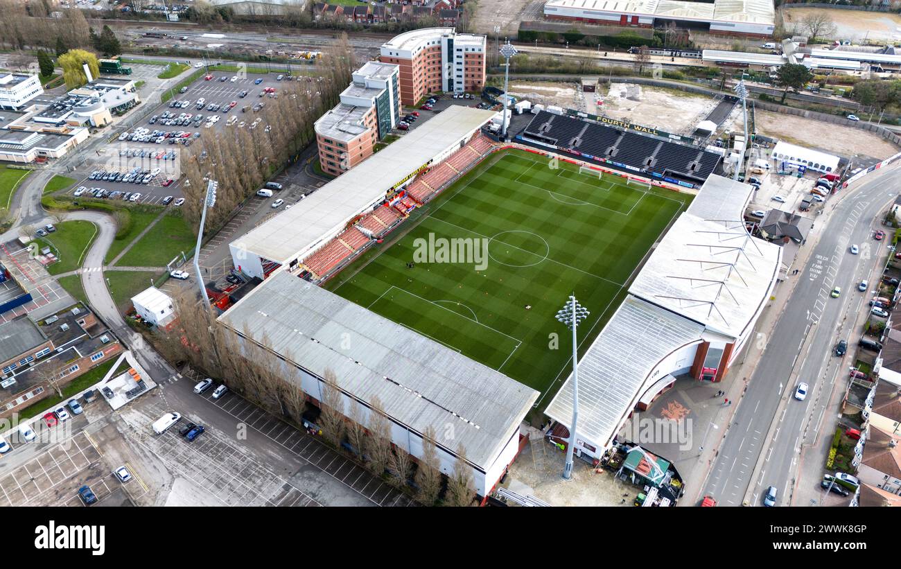 Wrexham, UK. 24th March 2024. Aerial view of Stok Cae Ras Stadium in ...