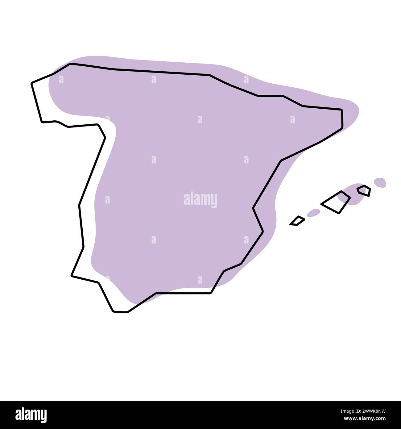 Spain country simplified map. Violet silhouette with thin black smooth ...