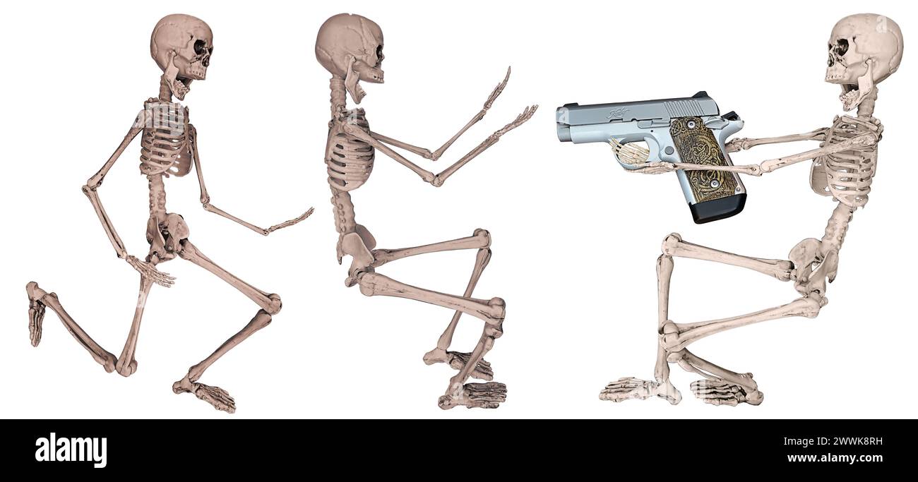 Skeleton with a Silver metal gun threatening others Stock Photo - Alamy