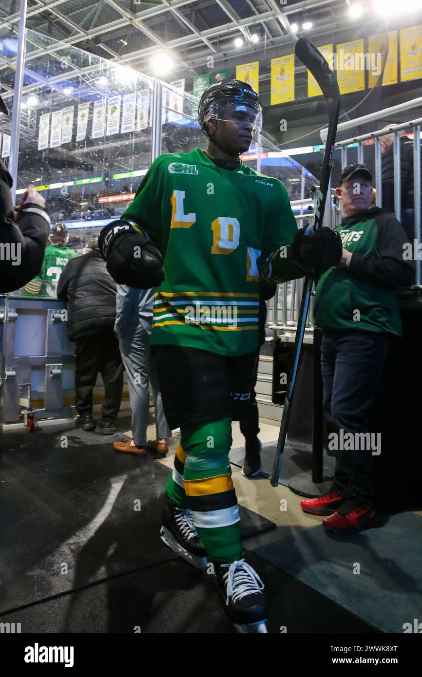 London, Canada. 24th Mar, 2024. Isaiah George (4) of London Knights ...