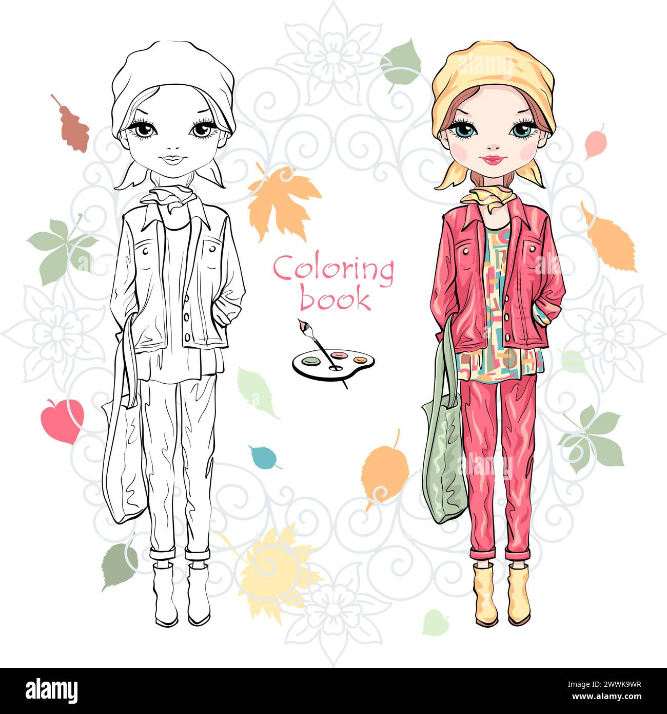 Vector Coloring Book of cute fashion girl in autumn clothes Stock ...
