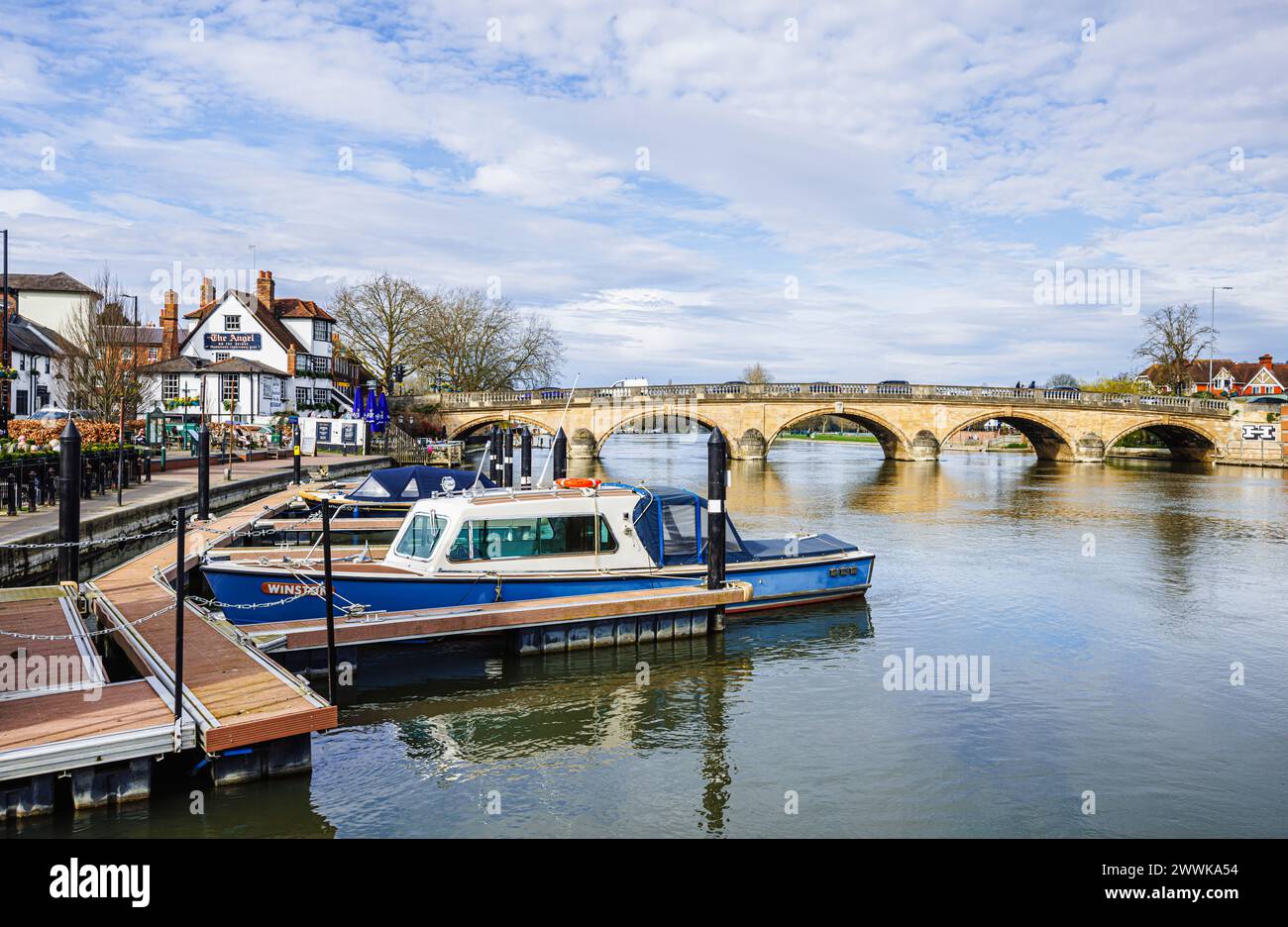 View of the waterfront and Grade I listed Henley Bridge over the River Thames in Henley-on ...