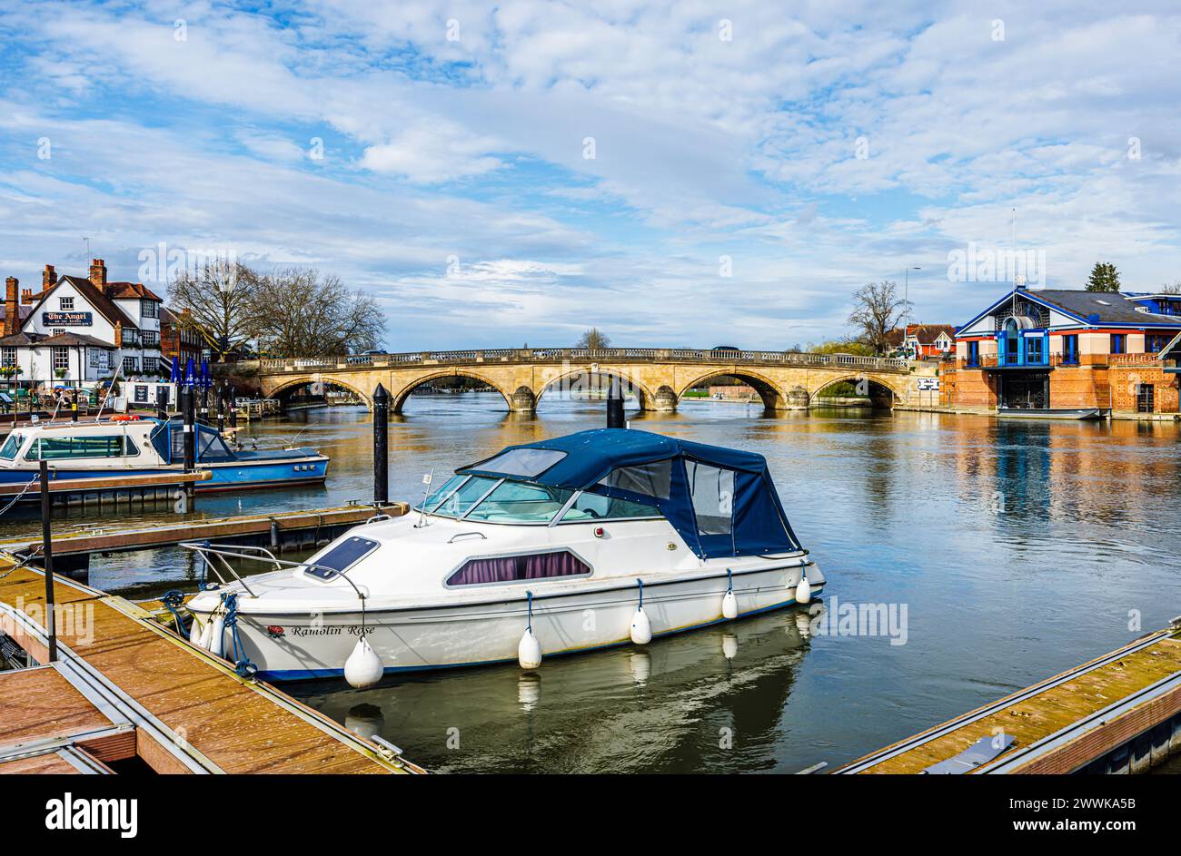 View of the waterfront and Grade I listed Henley Bridge over the River Thames in Henley-on ...