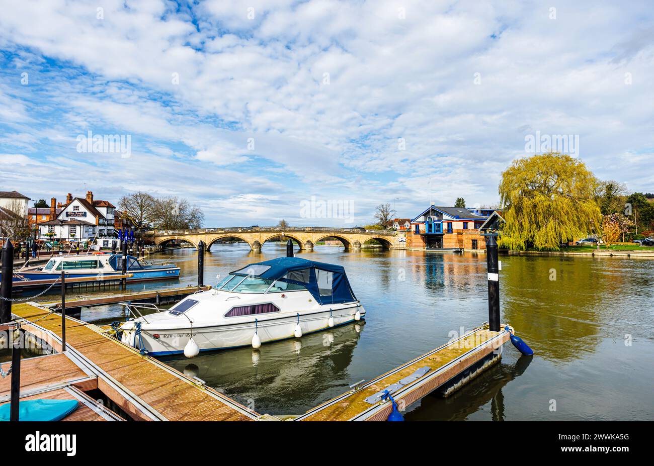 View of the waterfront and Grade I listed Henley Bridge over the River Thames in Henley-on ...