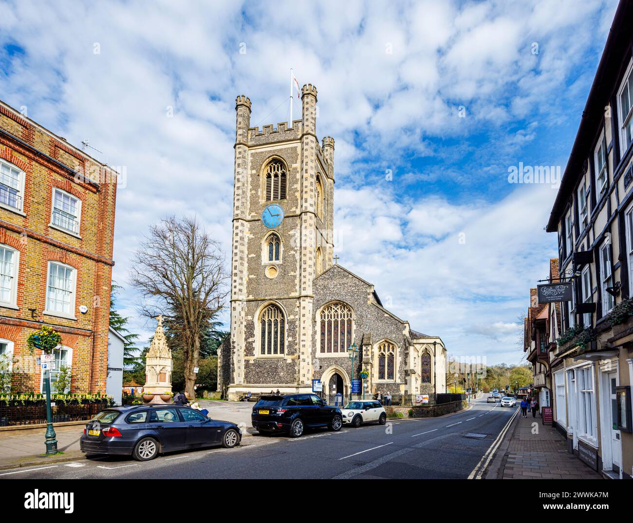 Exterior and tower of historic parish church of St Mary the Virgin in ...