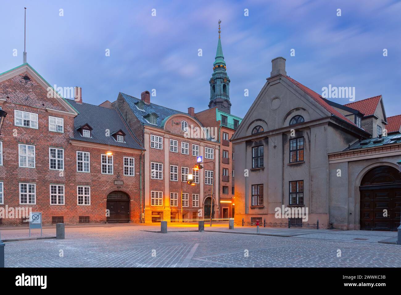 Public square Frue Plads during morning blue hour in Copenhagen ...