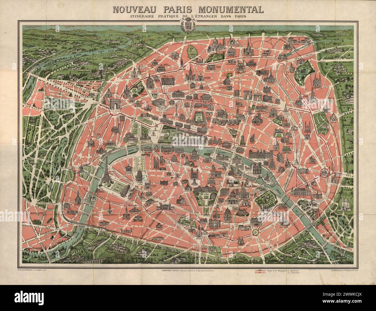Vintage monumental map of Paris, France, showing major architectural ...