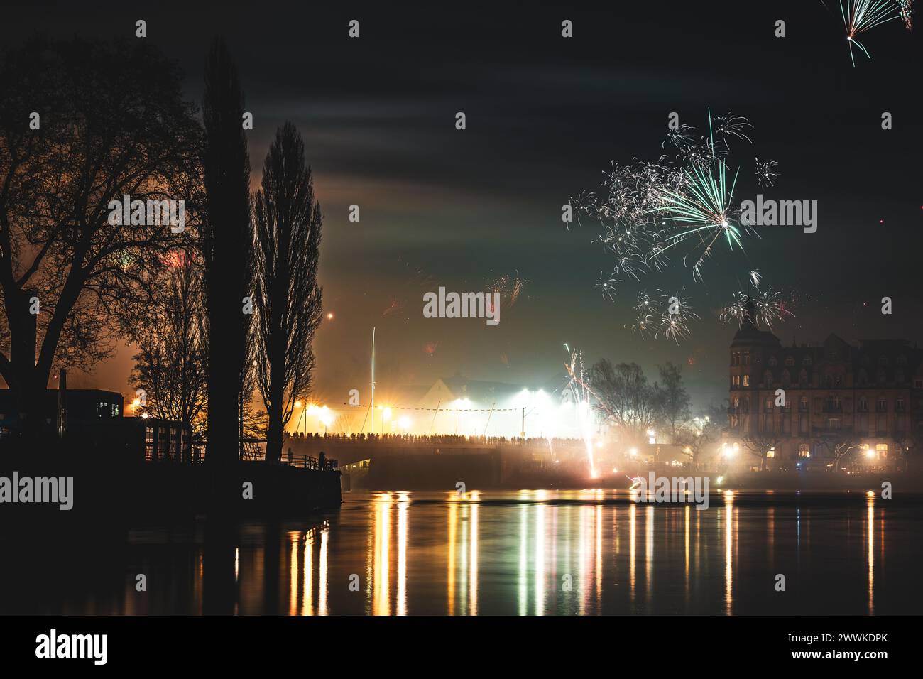 Description: New Year's Eve midnight fireworks over the Rhine bridge ...
