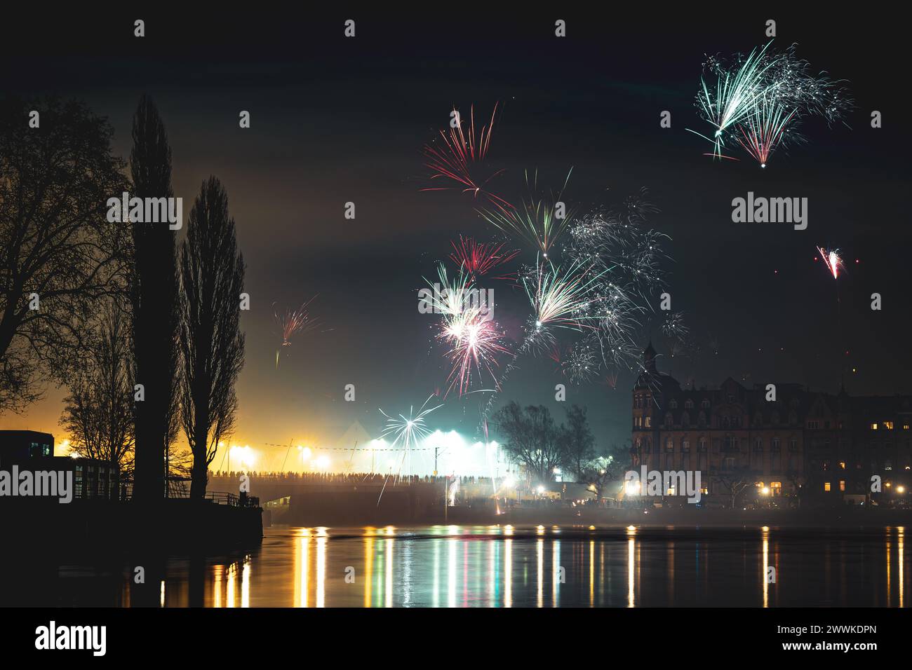 Description: New Year's Eve midnight fireworks over the Rhine bridge ...