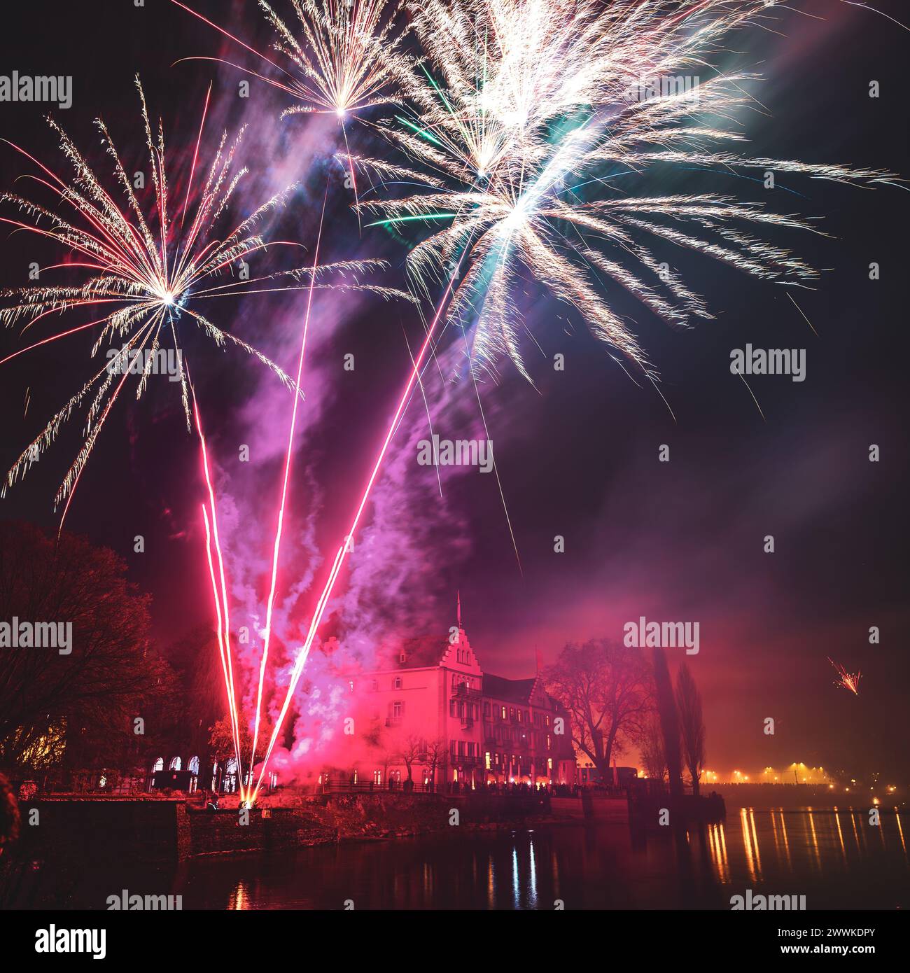 Description: New Year's Eve midnight fireworks over Steigenberger Hotel ...