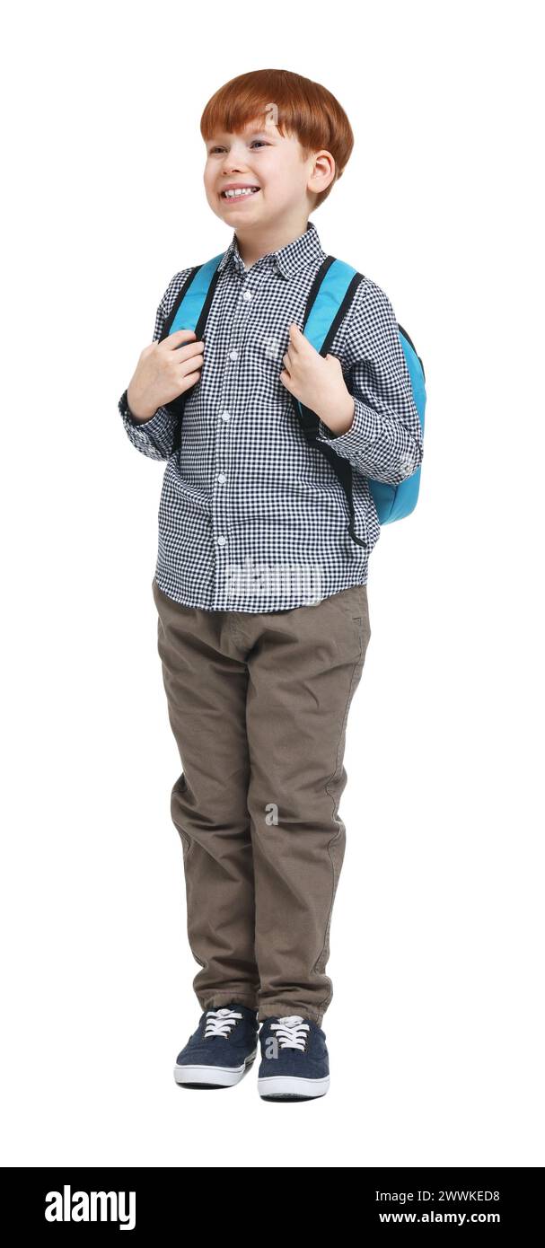 Little boy with backpack on white background Stock Photo - Alamy