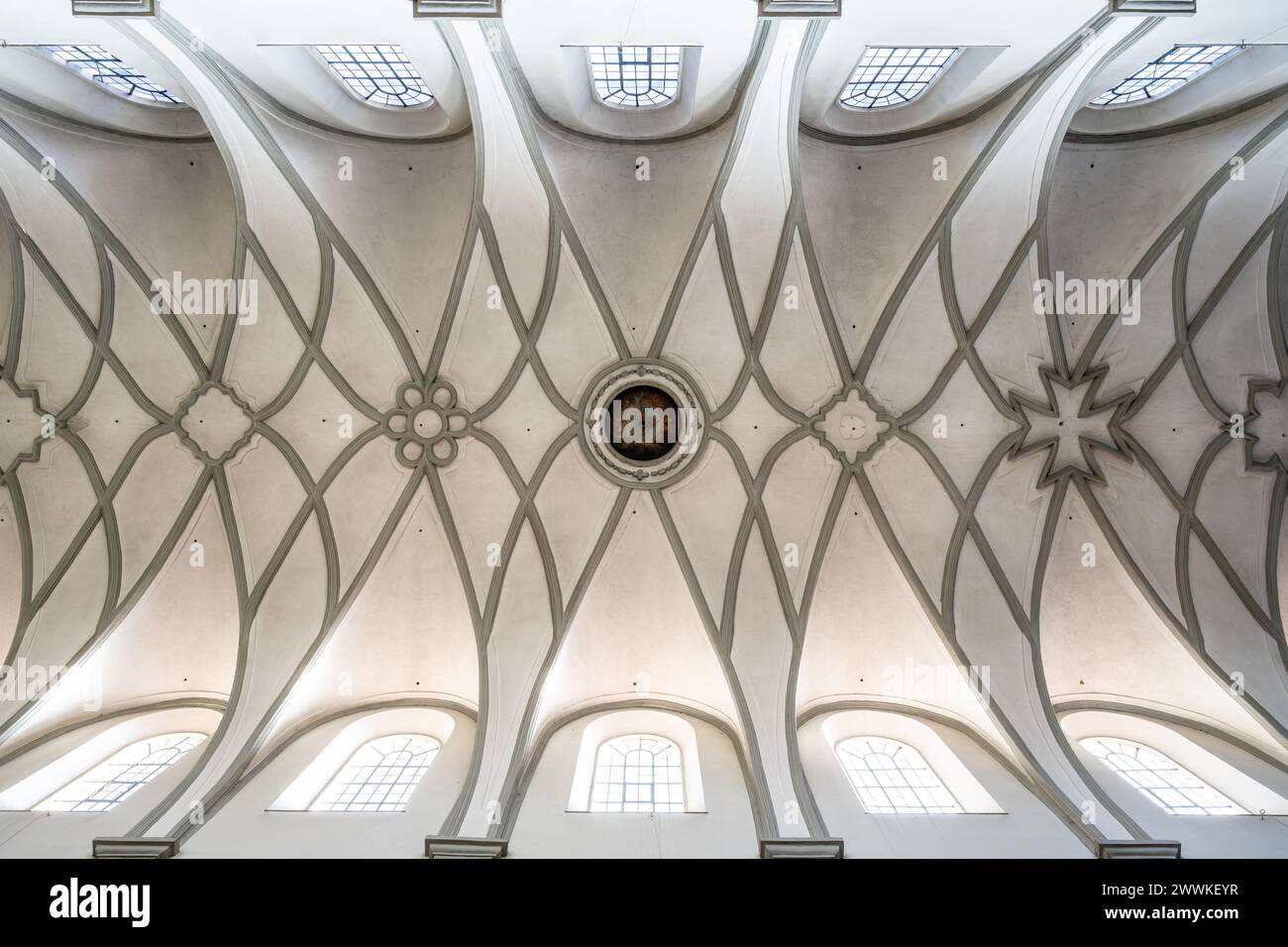 Description: Bright white ceiling of a brightly lit Romanesque three ...
