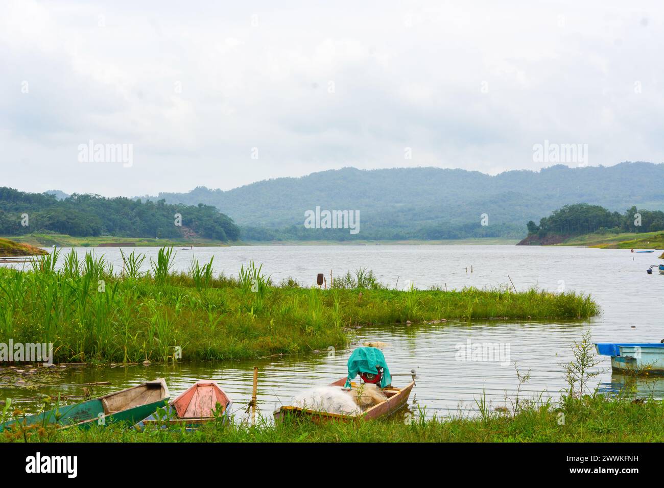 Overhead view of fishing gear, wooden boat, fishing nets, fishing ...
