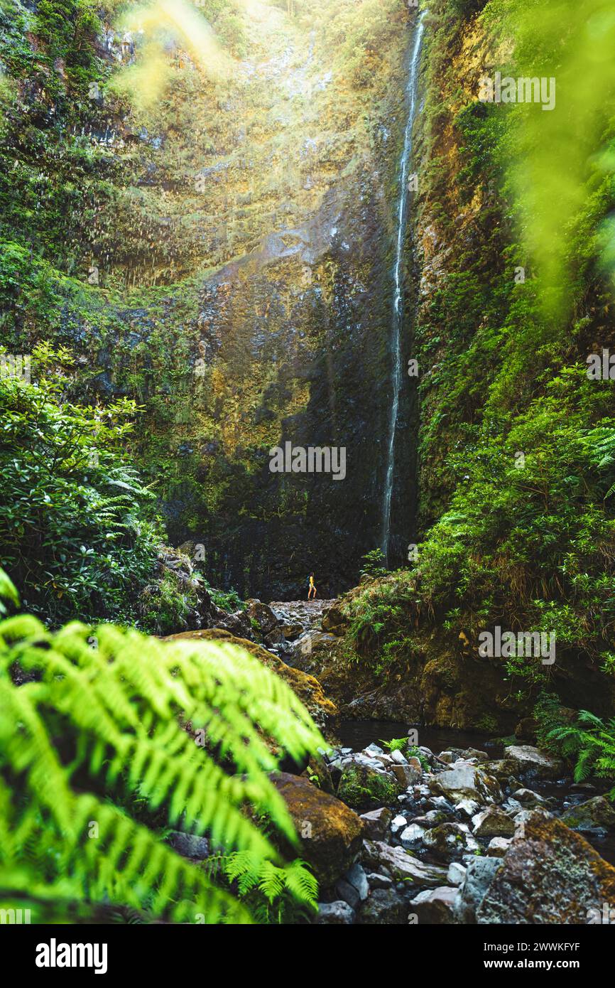 Description: Backpacker woman in the distance looking at scenic ...
