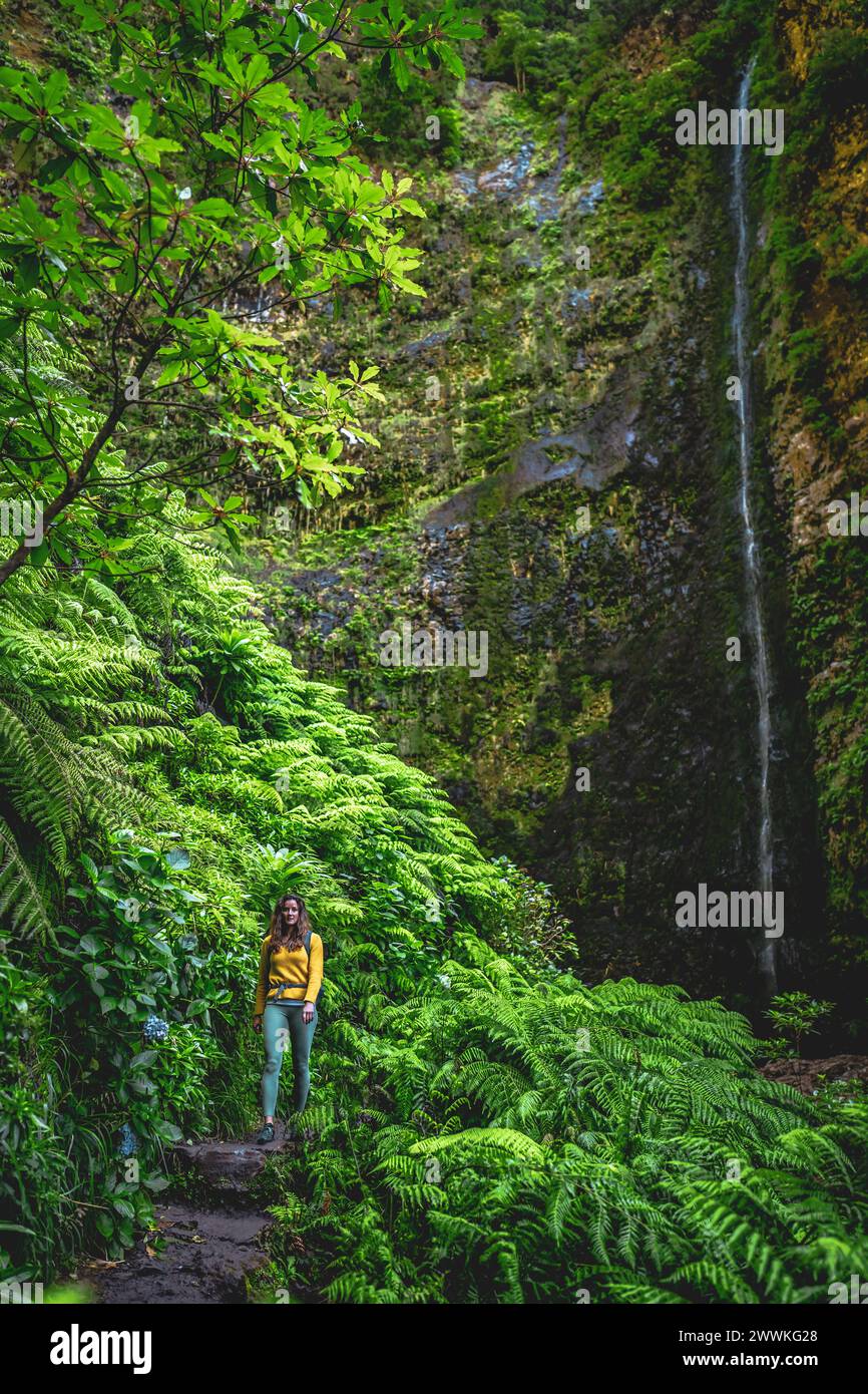 Description: Tourist woman walking along fern overgrown trail at ...
